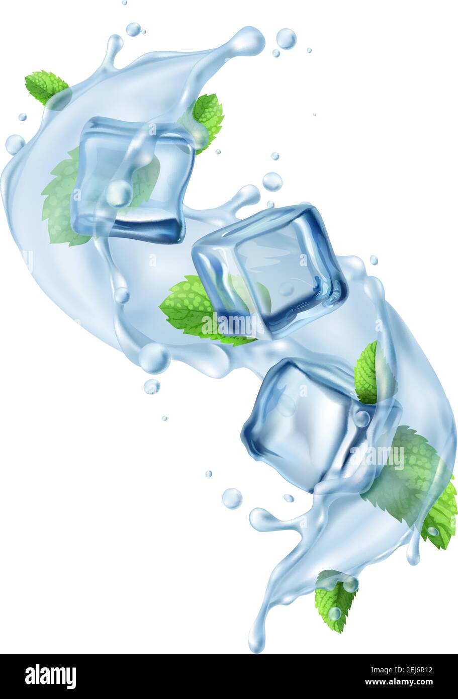 Realistic water splash in air with ice cubes and fresh mint leaves refreshing detox drink vector ...