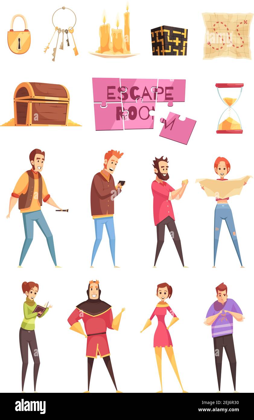 Cartoon decorative icons set for smart quest game in real life isolated ...