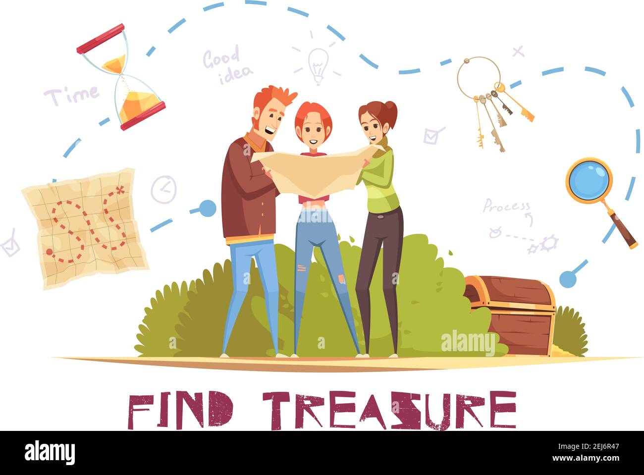 Find treasure cartoon vector illustration with game accessories and ...