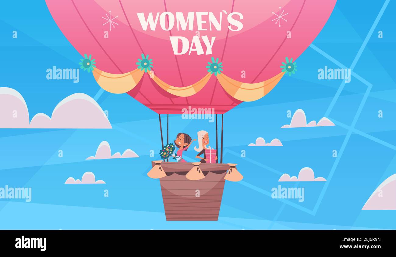 happy girls flying in hot air balloon womens day 8 march holiday ...