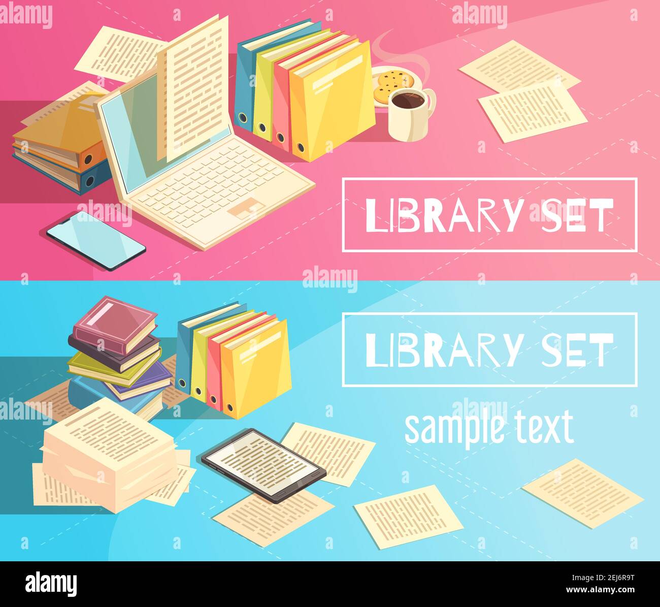 Library set isometric banners with books document folders cup of coffee ...