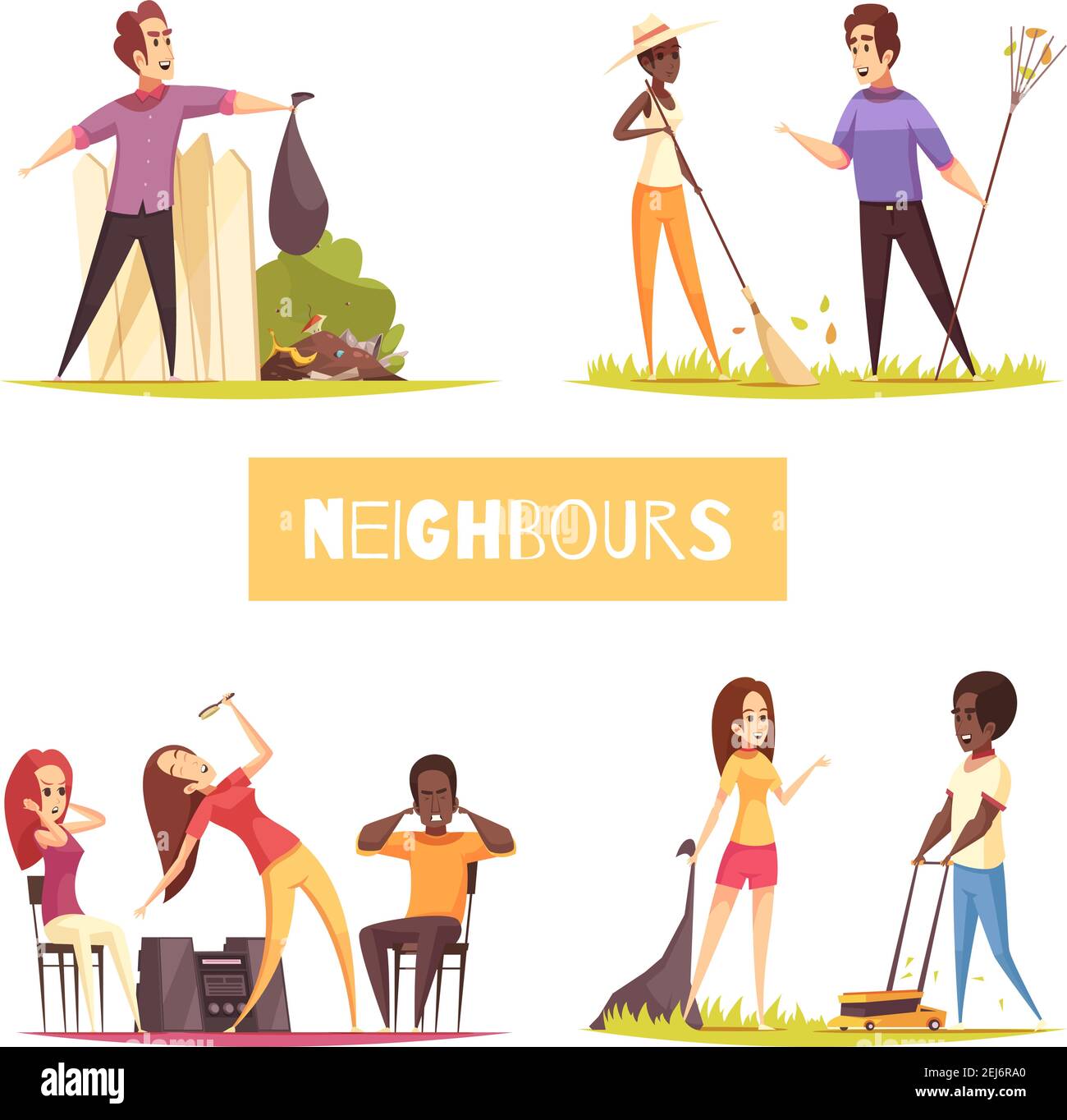 Neighbors 2x2 design concept with dancing girls man suffering from ...