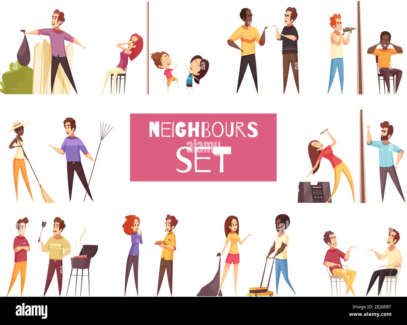 Neighbors cartoon set with friendship and quarrel between adult people ...