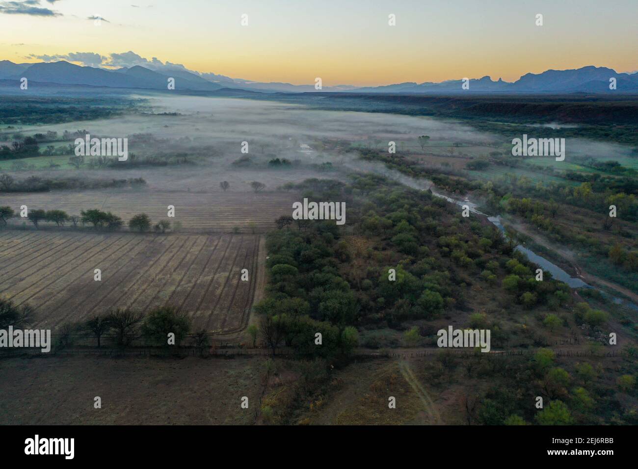 Aerial view of Sahuaripa, Sonora, Mexico. Landscape and mist at sunrise ...