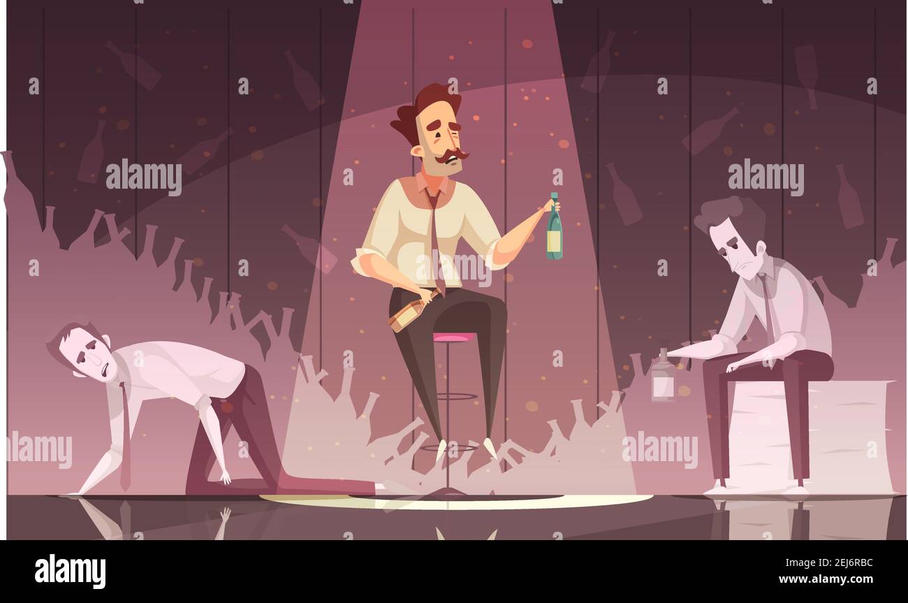 Treatment alcoholism dark poster with three drunk men holding alcohol ...