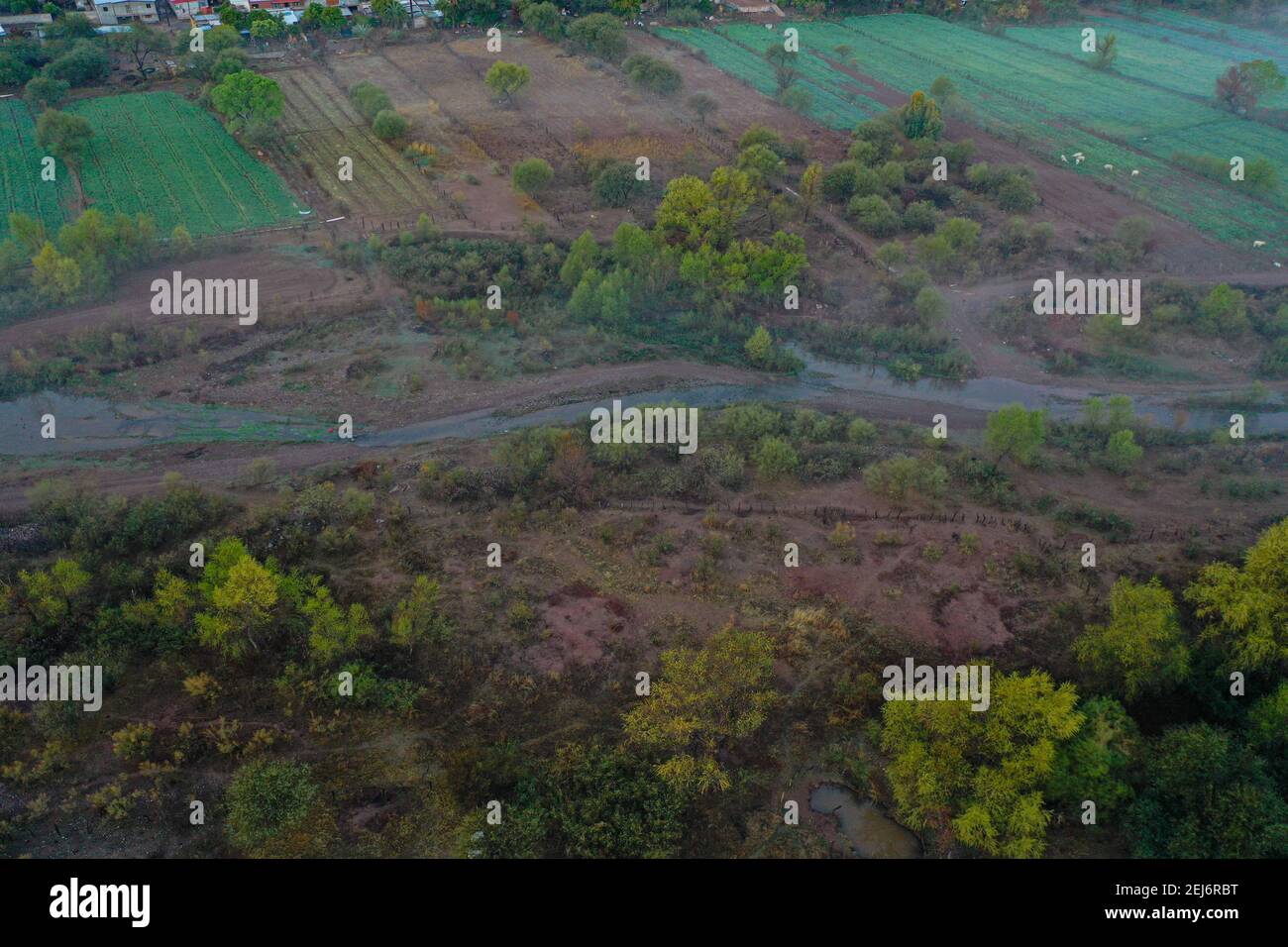 Aerial view of Sahuaripa, Sonora, Mexico. Landscape and mist at sunrise ...