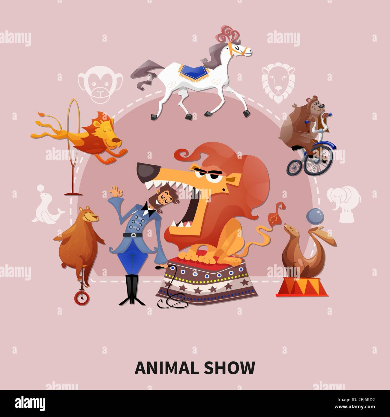 Circus colored cartoon composition with different animals who work in ...