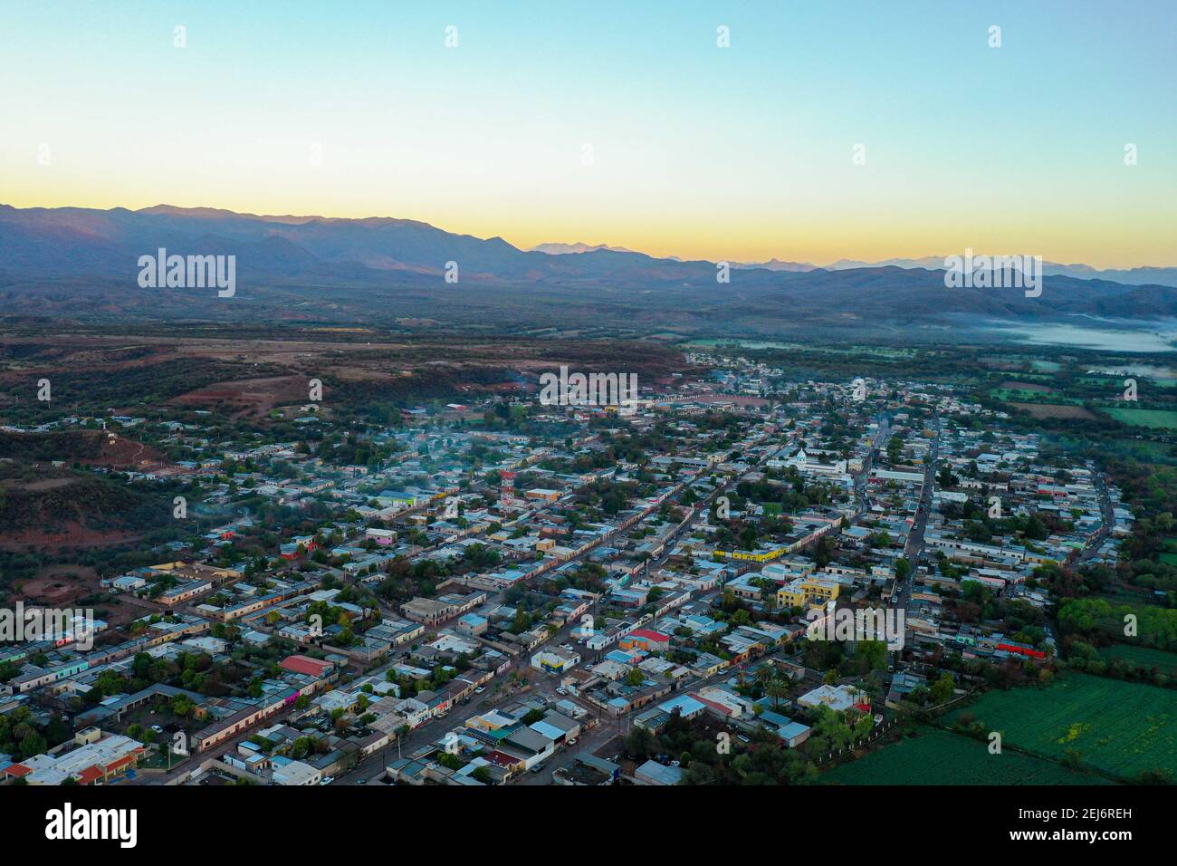 Aerial view of Sahuaripa, Sonora, Mexico. Landscape at sunrise. town ...