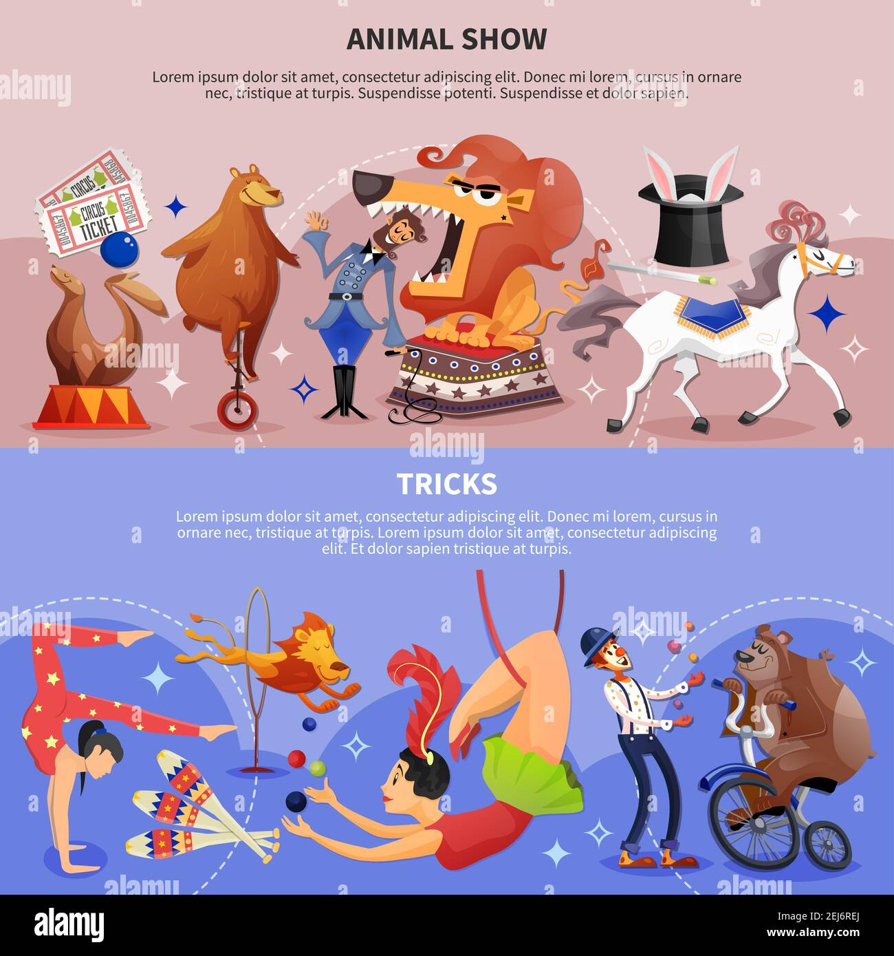 Circus cartoon two banner set horizontal and colored with animal show ...