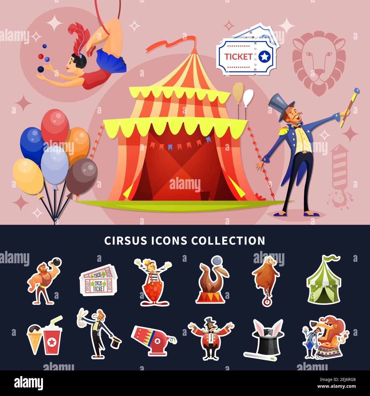 Circus cartoon colored composition with isolated show icon set combined ...
