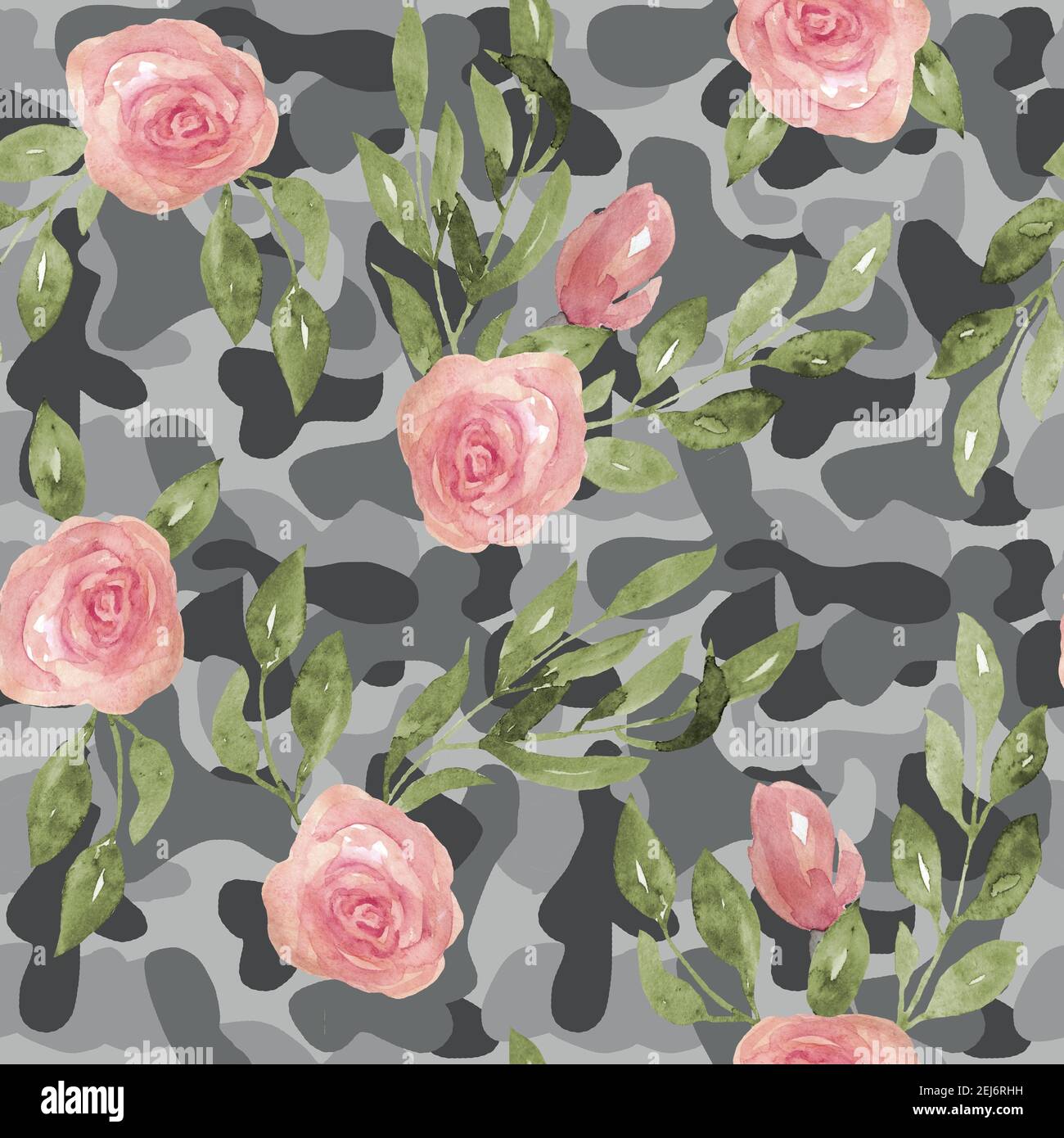 Floral camo camouflage seamless pattern with pink roses flowers ...