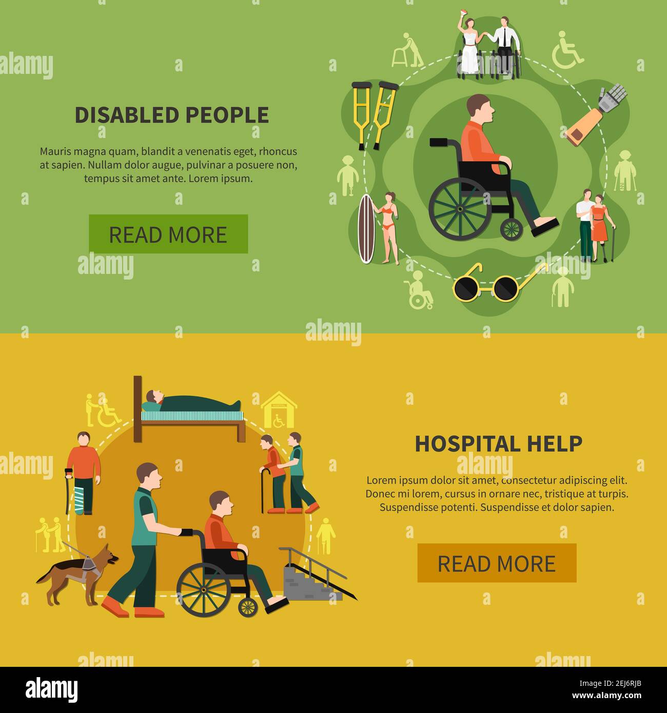 Two flat horizontal disabled person banner set with hospital help and ... Two flat horizontal disabled person banner set with hospital help and ...