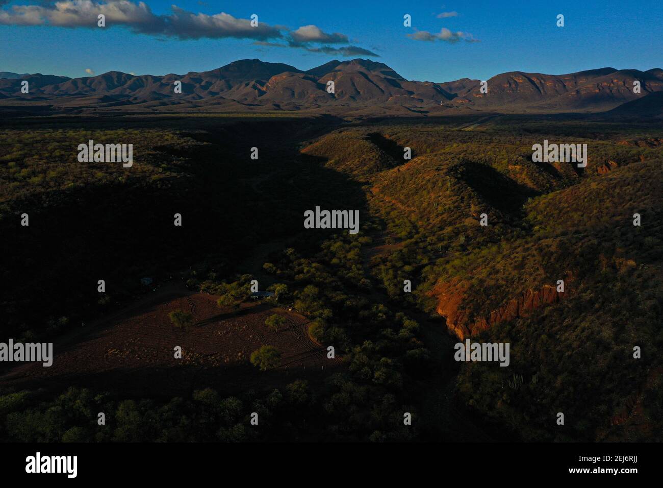 Aerial view of Sahuaripa, Sonora, Mexico. Landscape at sunrise. town ...