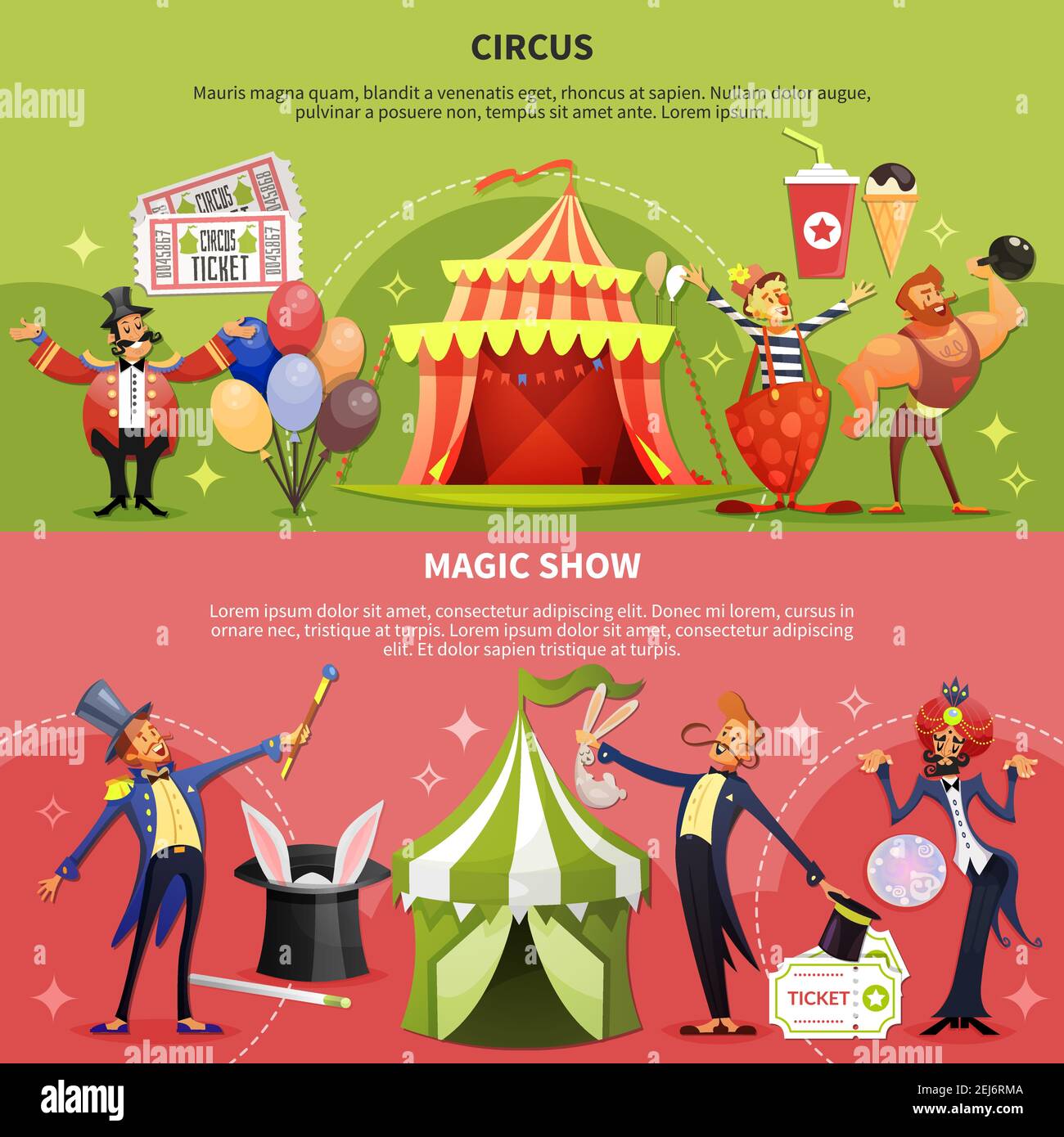 Two horizontal and colored circus cartoon banner set with magic show ...