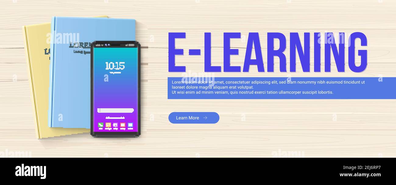 E-learning. Banner with smartphone and books on table. Top down view ...