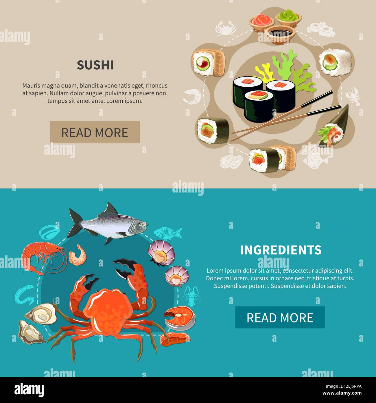 Two colored and flat sushi banner set with sushi and ingredients ...
