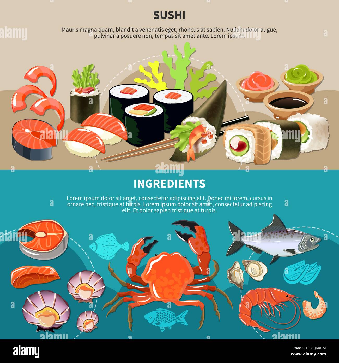 Two colored and horizontal sushi flat banner set with sushi and ...