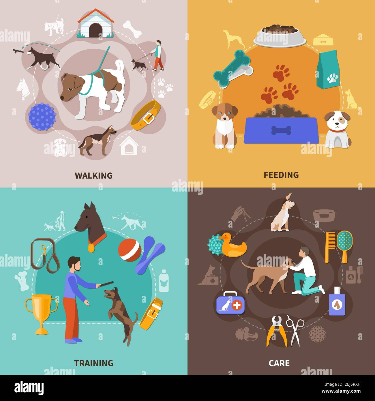 Dogs design concept with four square compositions of pet and human ...