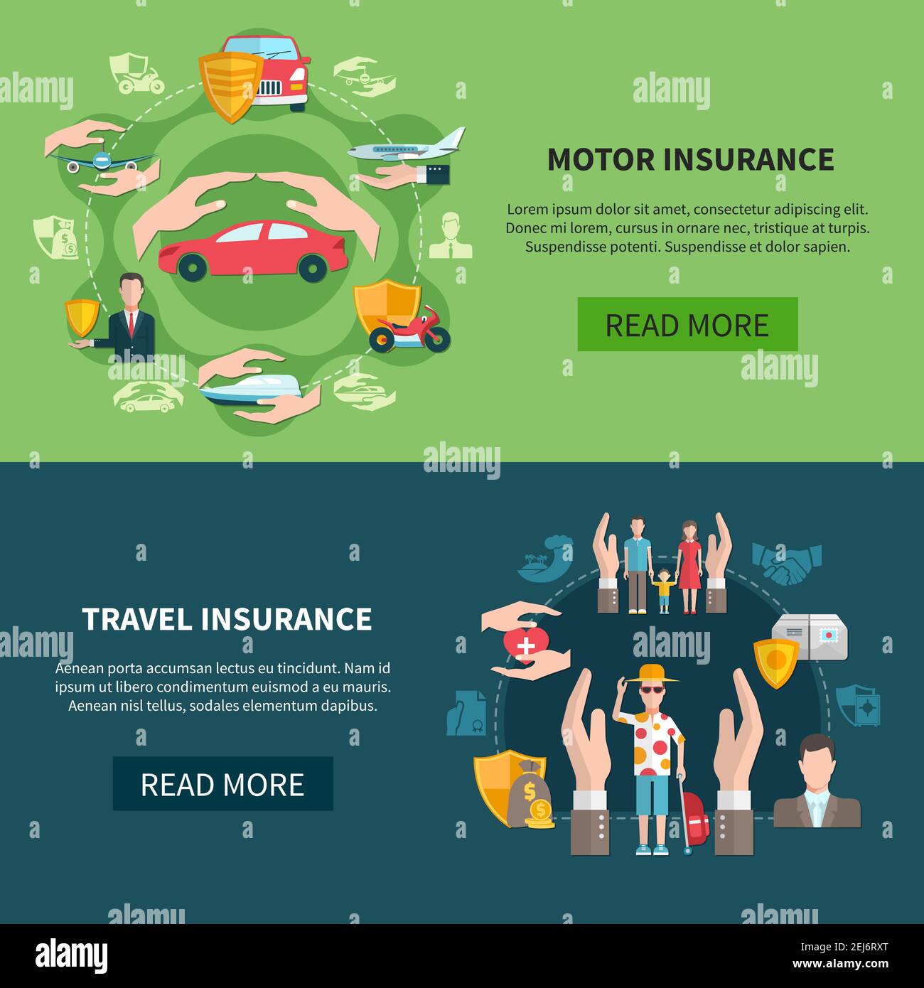 Set of horizontal banners with transport and travel insurance including ...