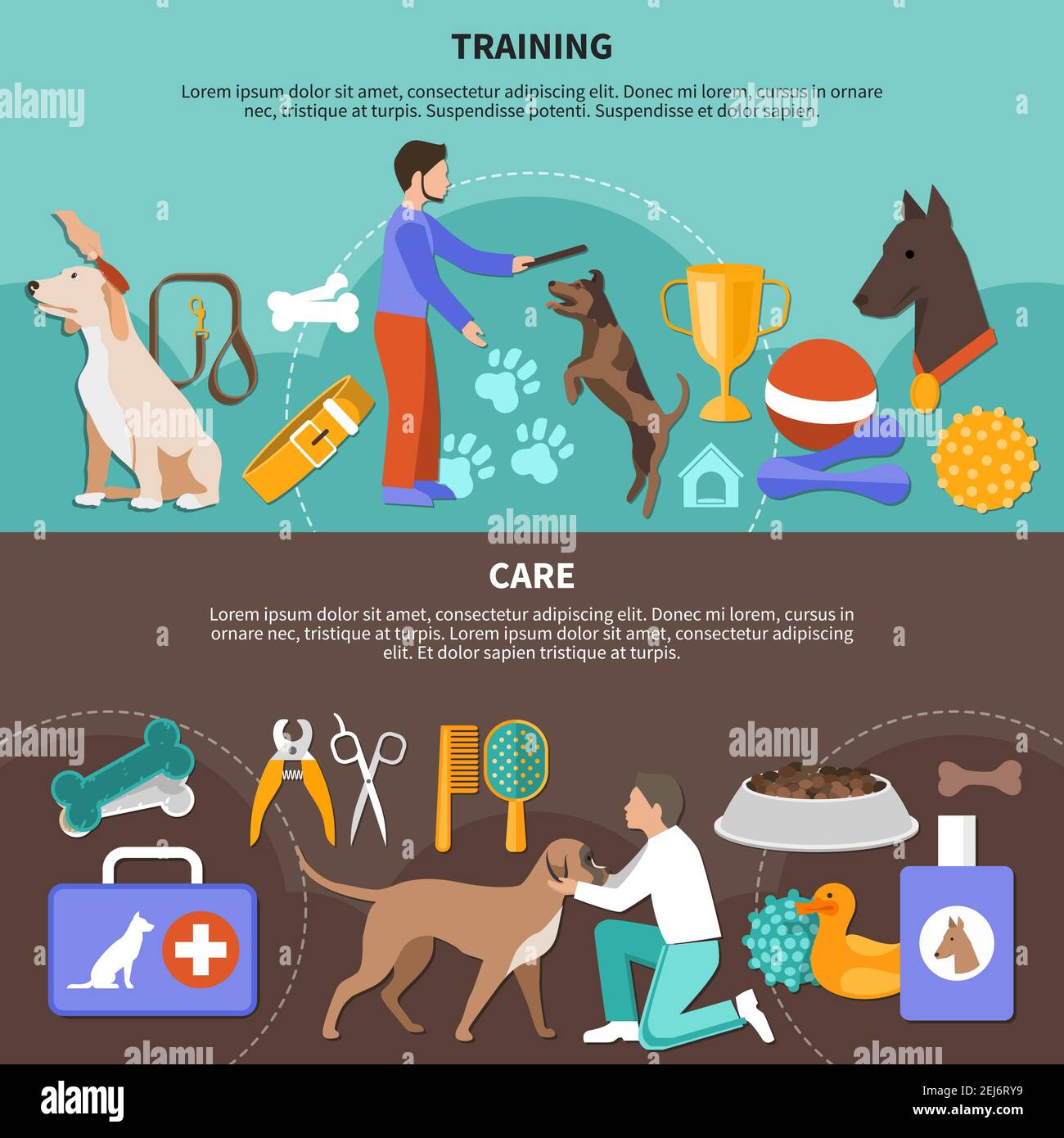 Dogs veterinary horizontal banners with flat images of training fetch ...