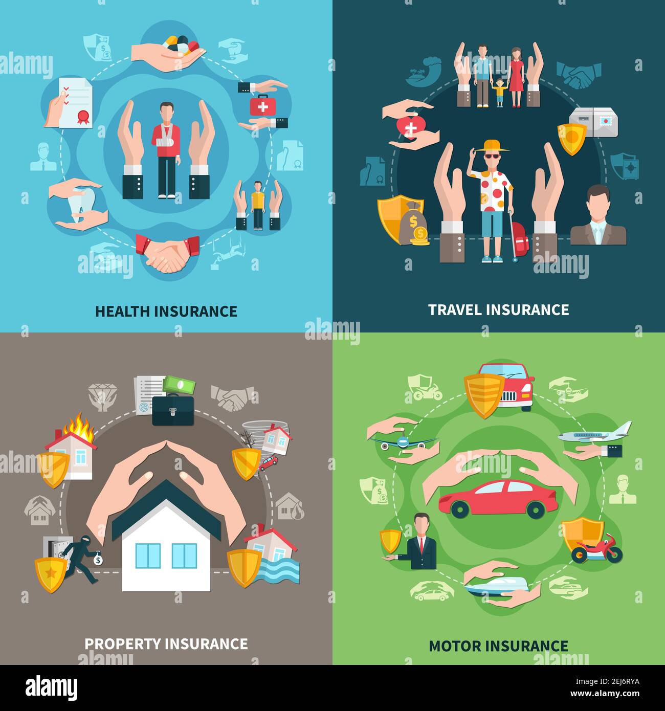 Design concept with insurance of health, property, travel and ...