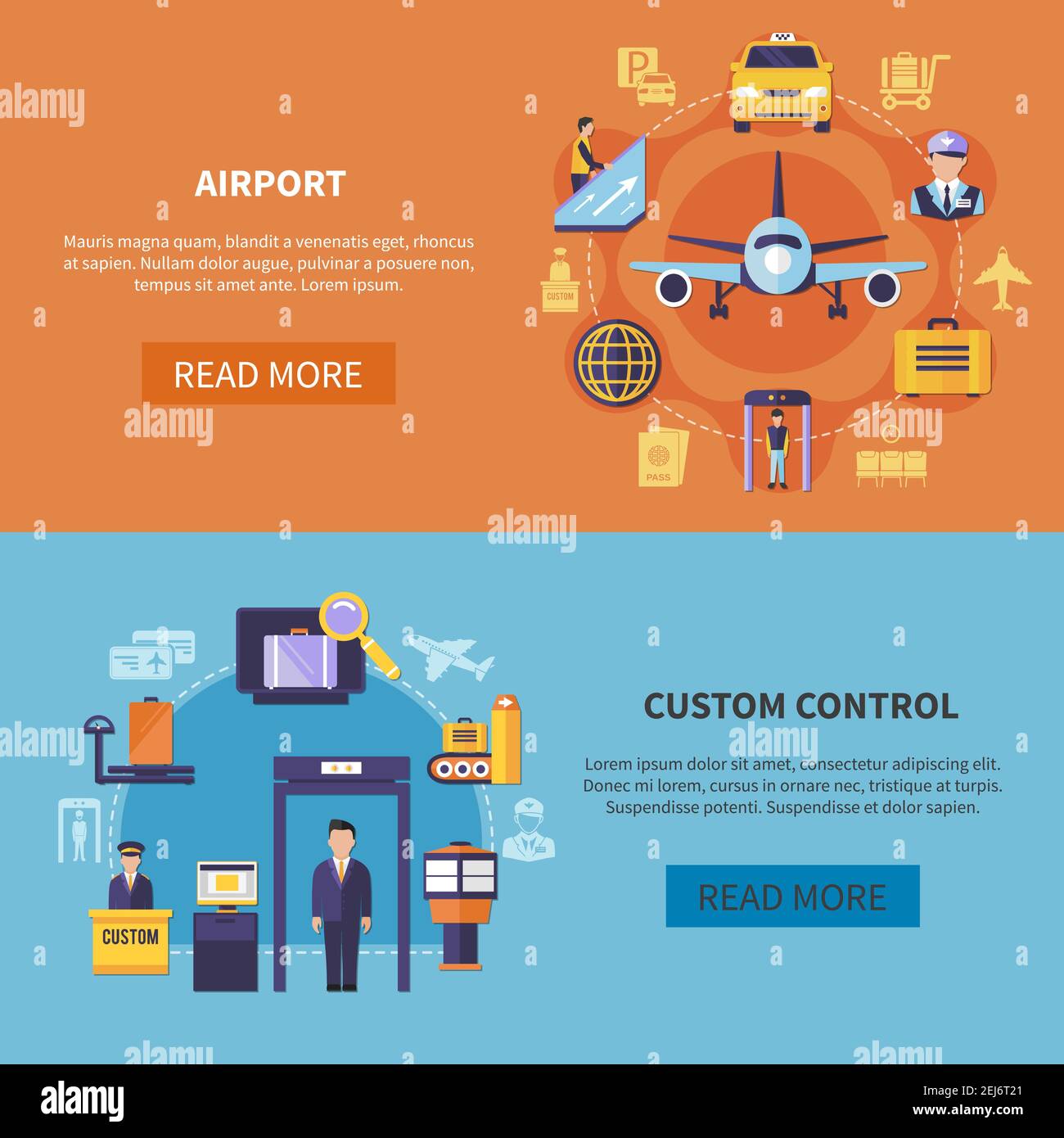 Airport elements and custom control horizontal banners set on colorful ...