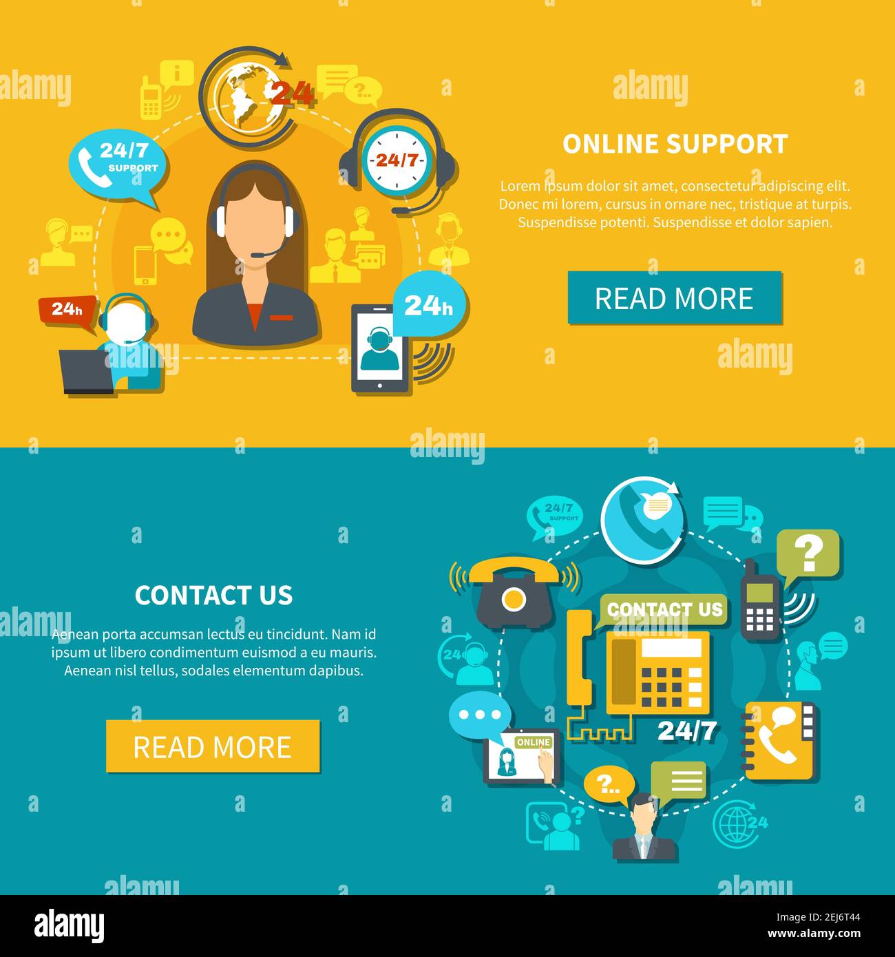 Set of horizontal banners on yellow turquoise background with online ...