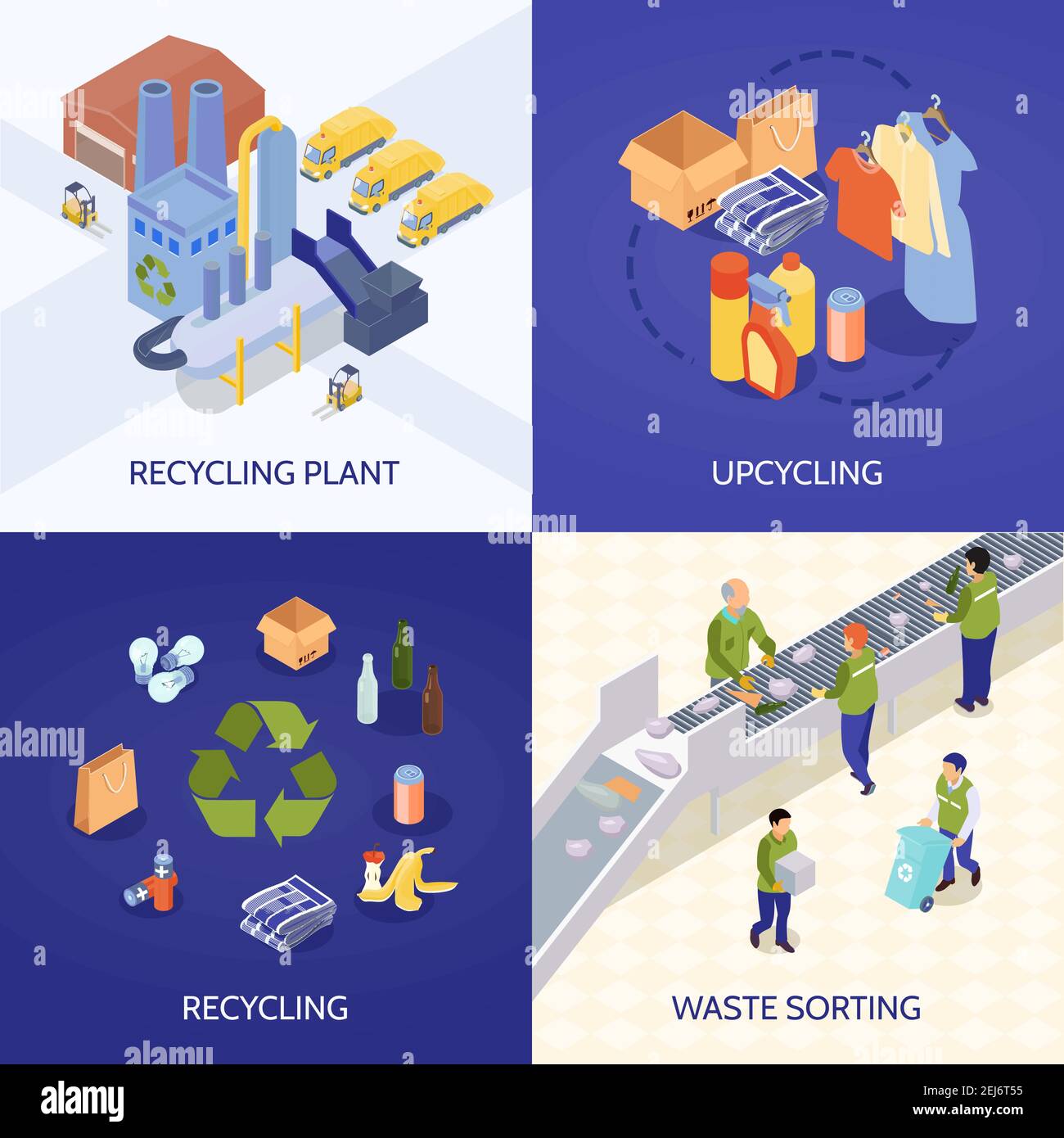 Garbage recycling isometric design concept with waste processing plant ...