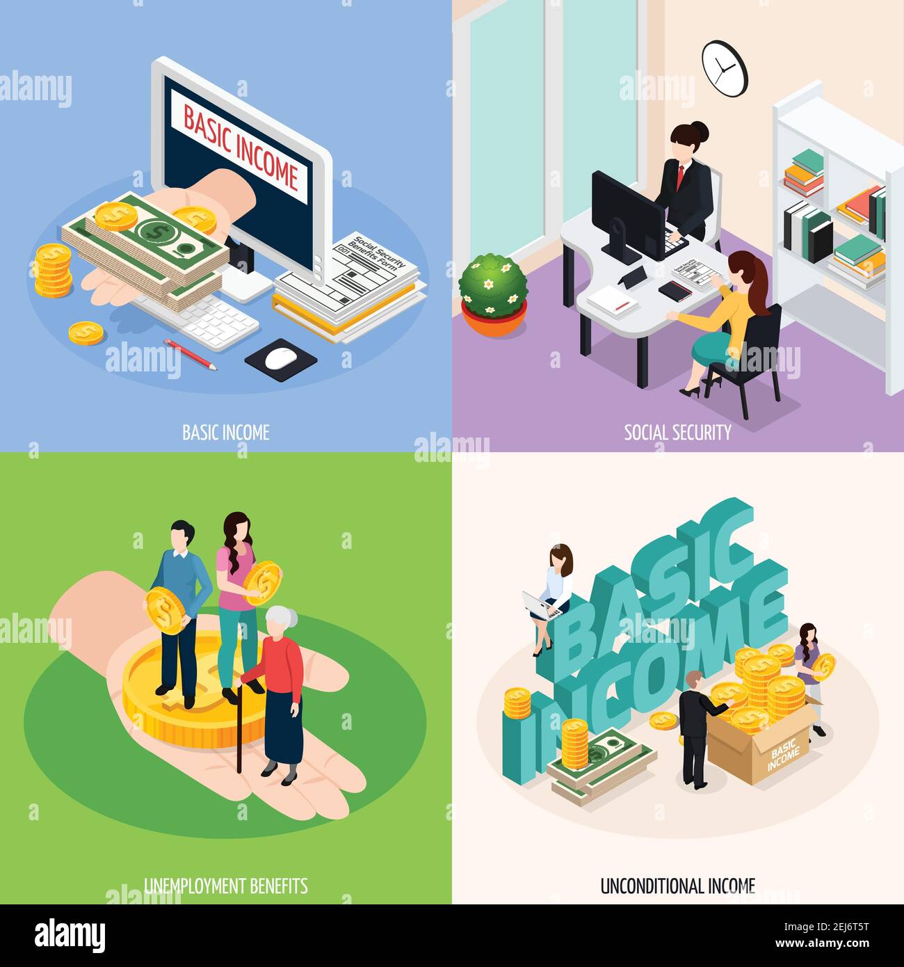 Social security concept icons set with basic income symbols isometric ...