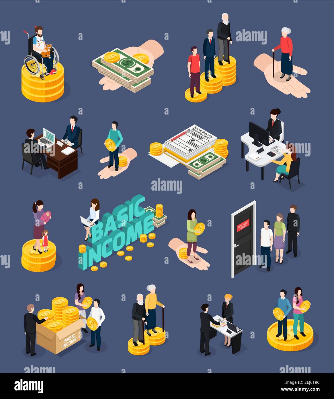 Social security icons set with unemployment benefits symbols isometric ...