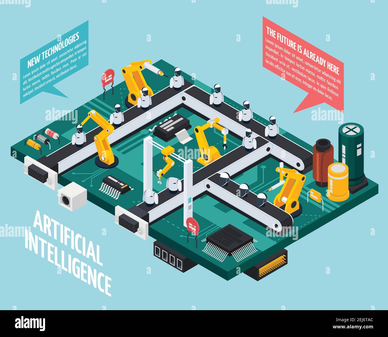 Artificial intelligence composition with robotics and technology symbols isometric vector ...