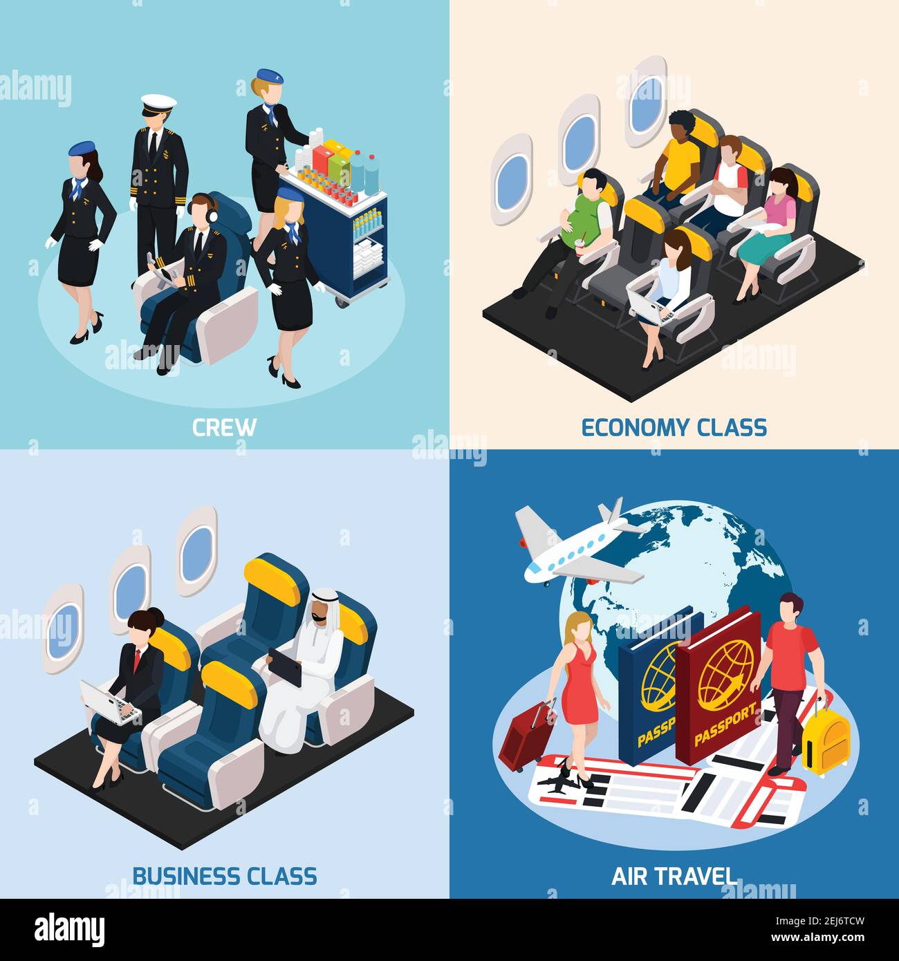 Airplane passengers and crew isometric concept icons set with air ...