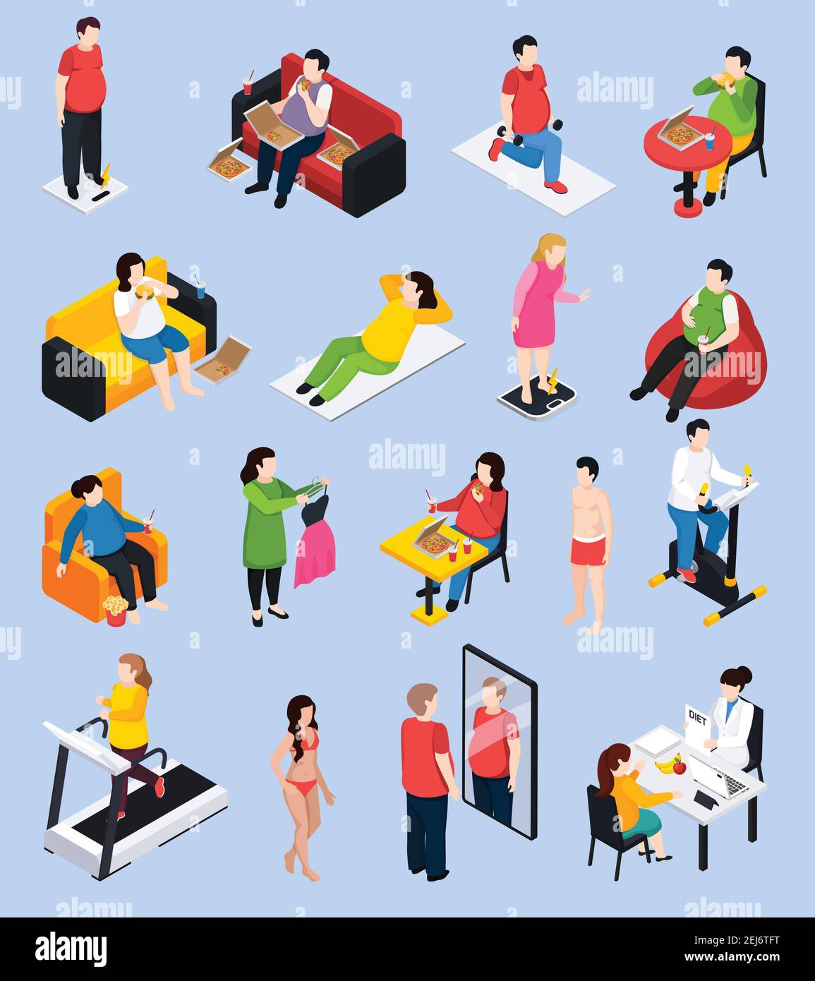 Owerweight people icons set with obesity symbols isometric isolated ...