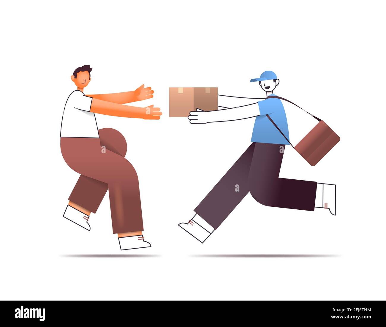 man accepting cardboard box from deliveryman customer taking parcel ...