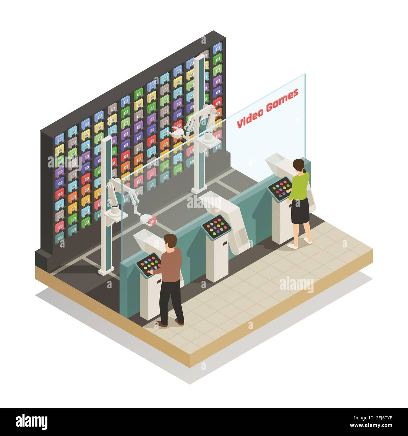 Automated self-service technologies in video games shop isometric ...