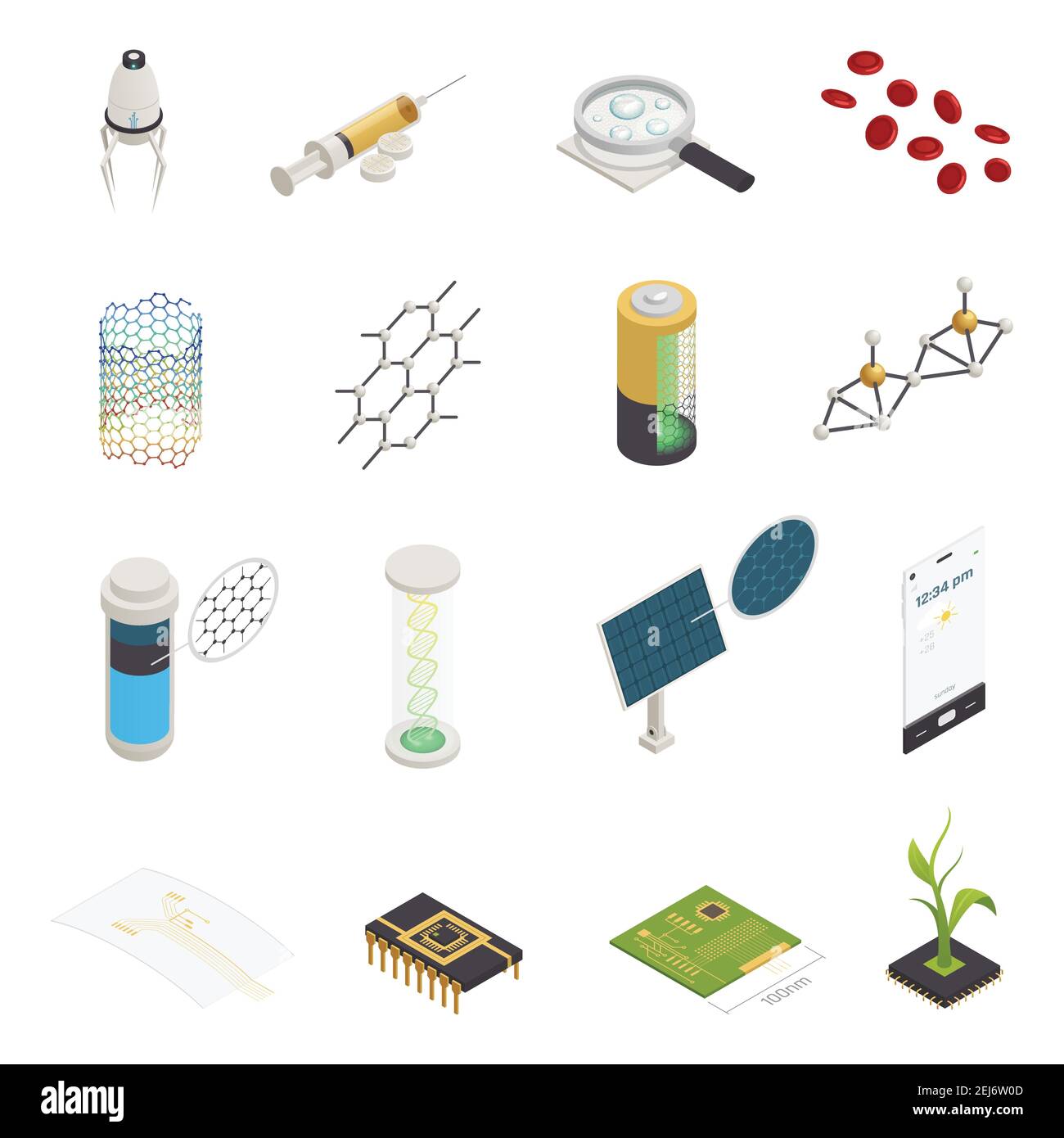 Nanotechnology nanoscience nanomedicine isometric symbols set with ...