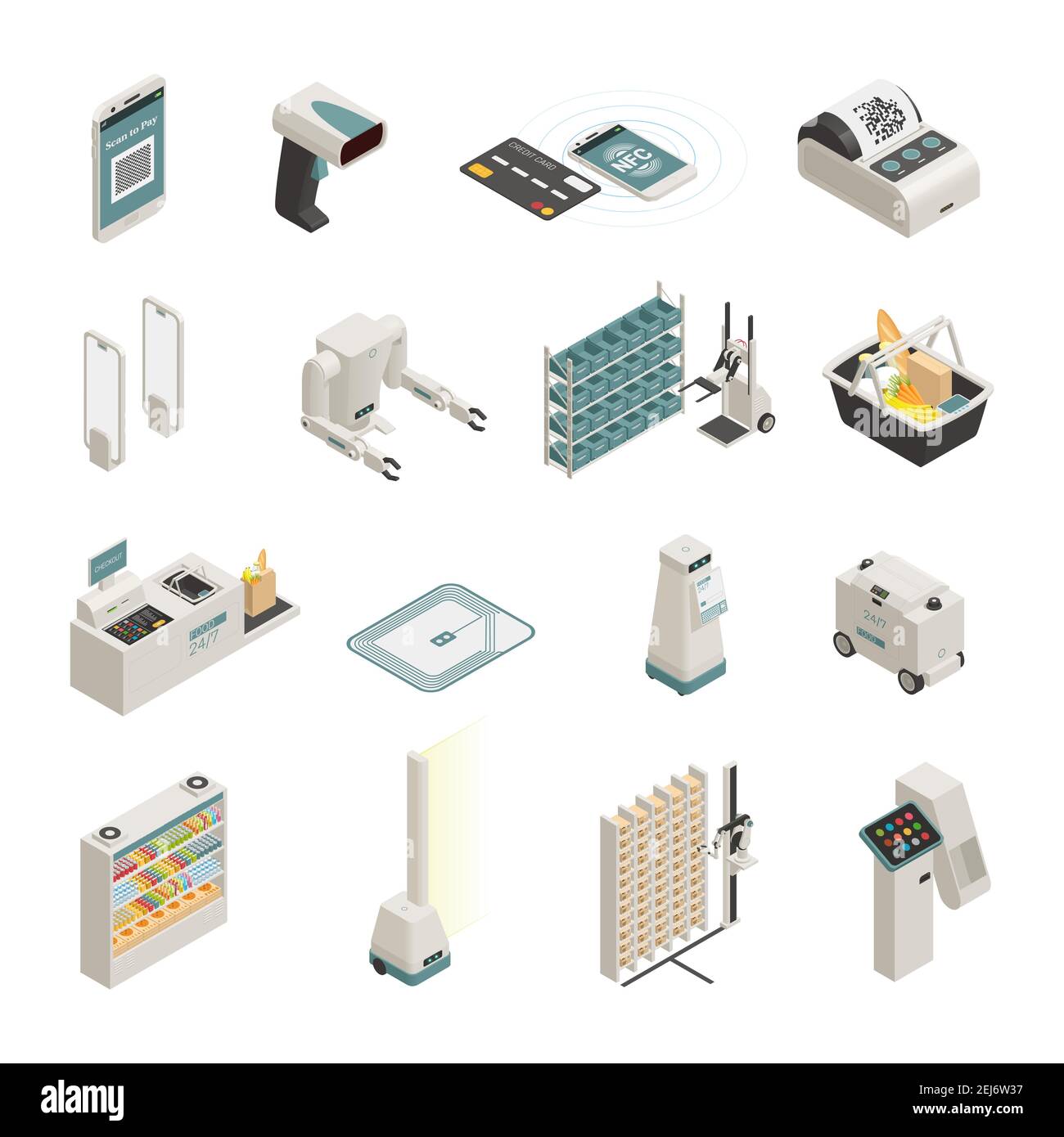 Automated shopping technologies isometric icons collection with smart ...