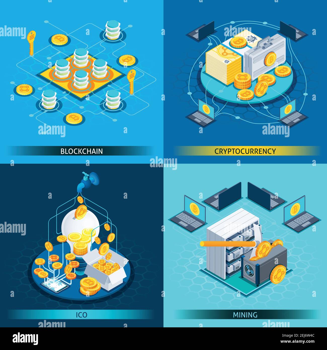 Isometric design concept with cryptocurrency, blockchain, ico and ...