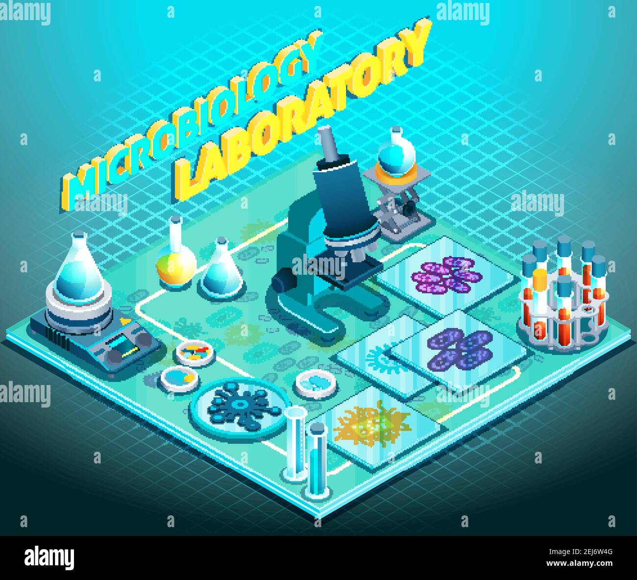 Microbiology laboratory isometric composition on blue gradient ...