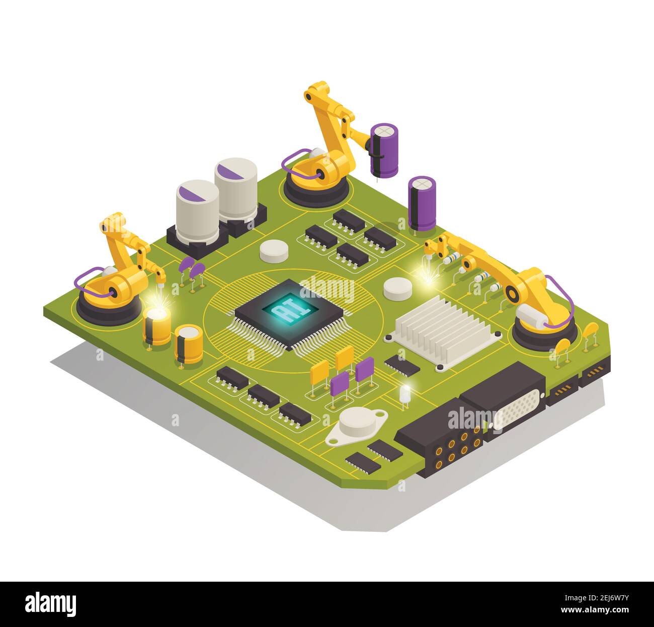 Intelligent manufacturing isometric composition with robotic hands assembling semiconductor ...
