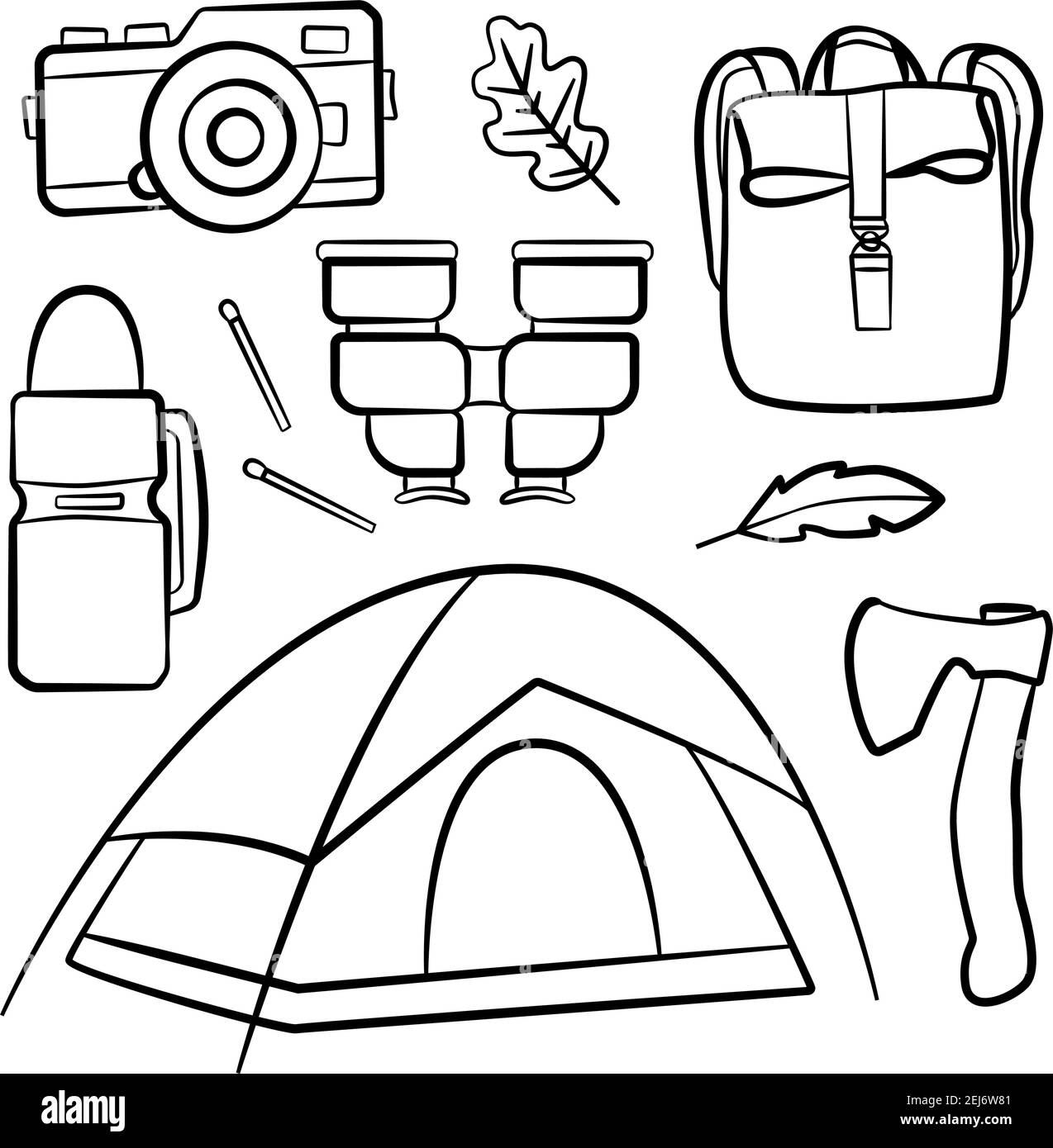 Set of doodle forest camping design elements. Hand drawn hiking and ...