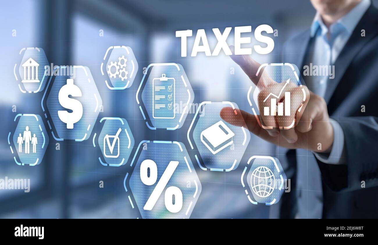 Tax payment. Businessman using virtual touchscreen presses tax button ... Tax payment. Businessman using virtual touchscreen presses tax button ...