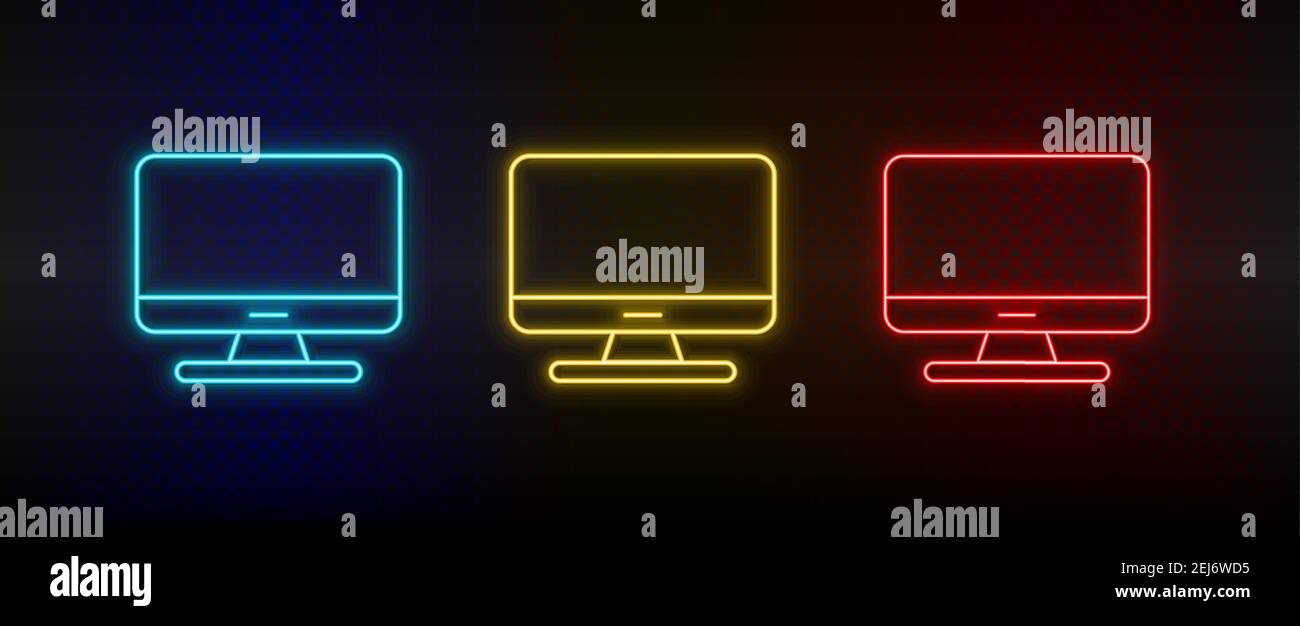 Neon icon set Computer desktop. Set of red, blue, yellow neon vector ...