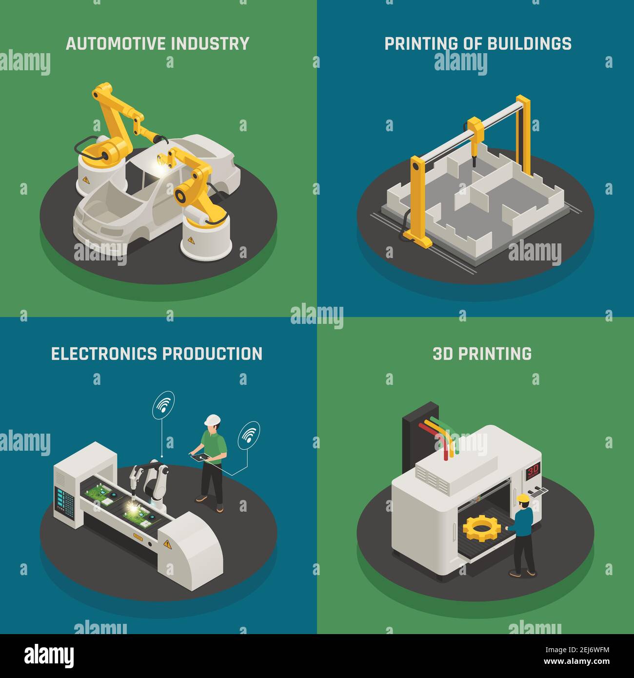 Intelligent manufacturing 4 isometric icons square concept with 3d ...