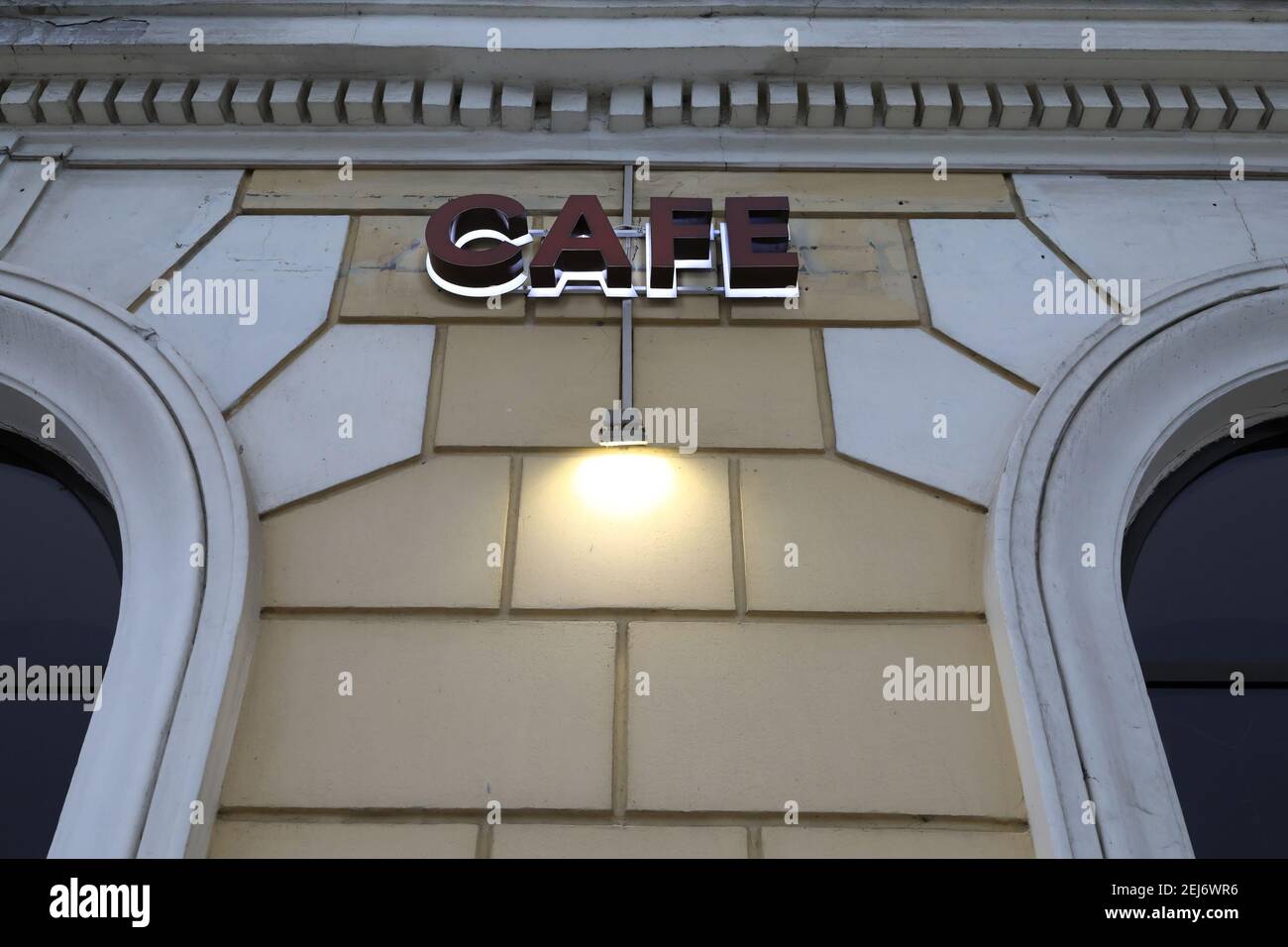 Cafe signboard on wall of building, Kazan Stock Photo - Alamy