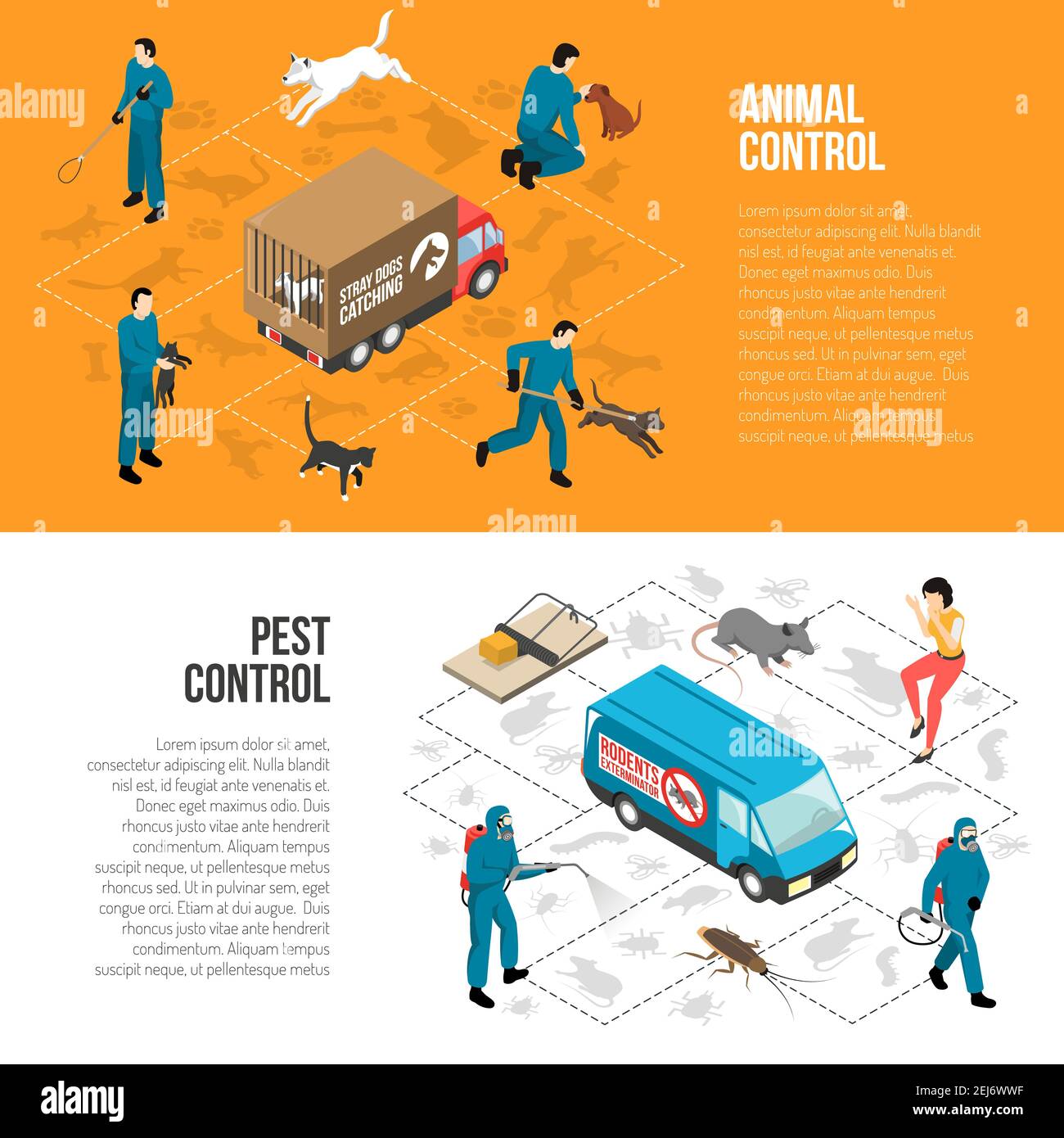 Stray animals pest control agency services 2 isometric horizontal ...
