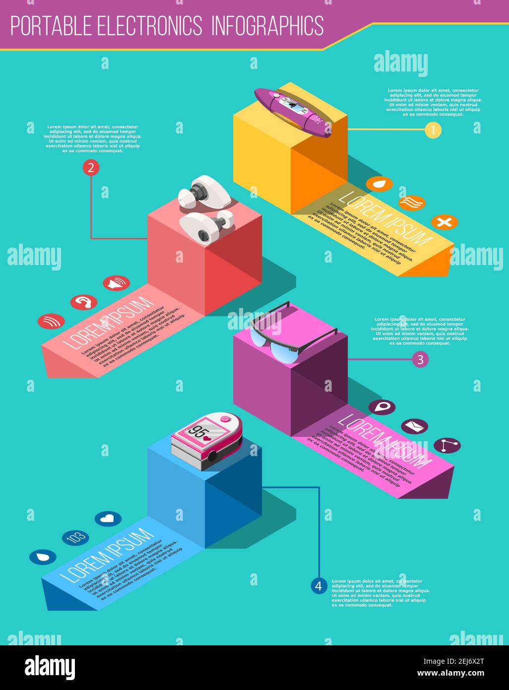 Portable electronics isometric infographics on turquoise background ...