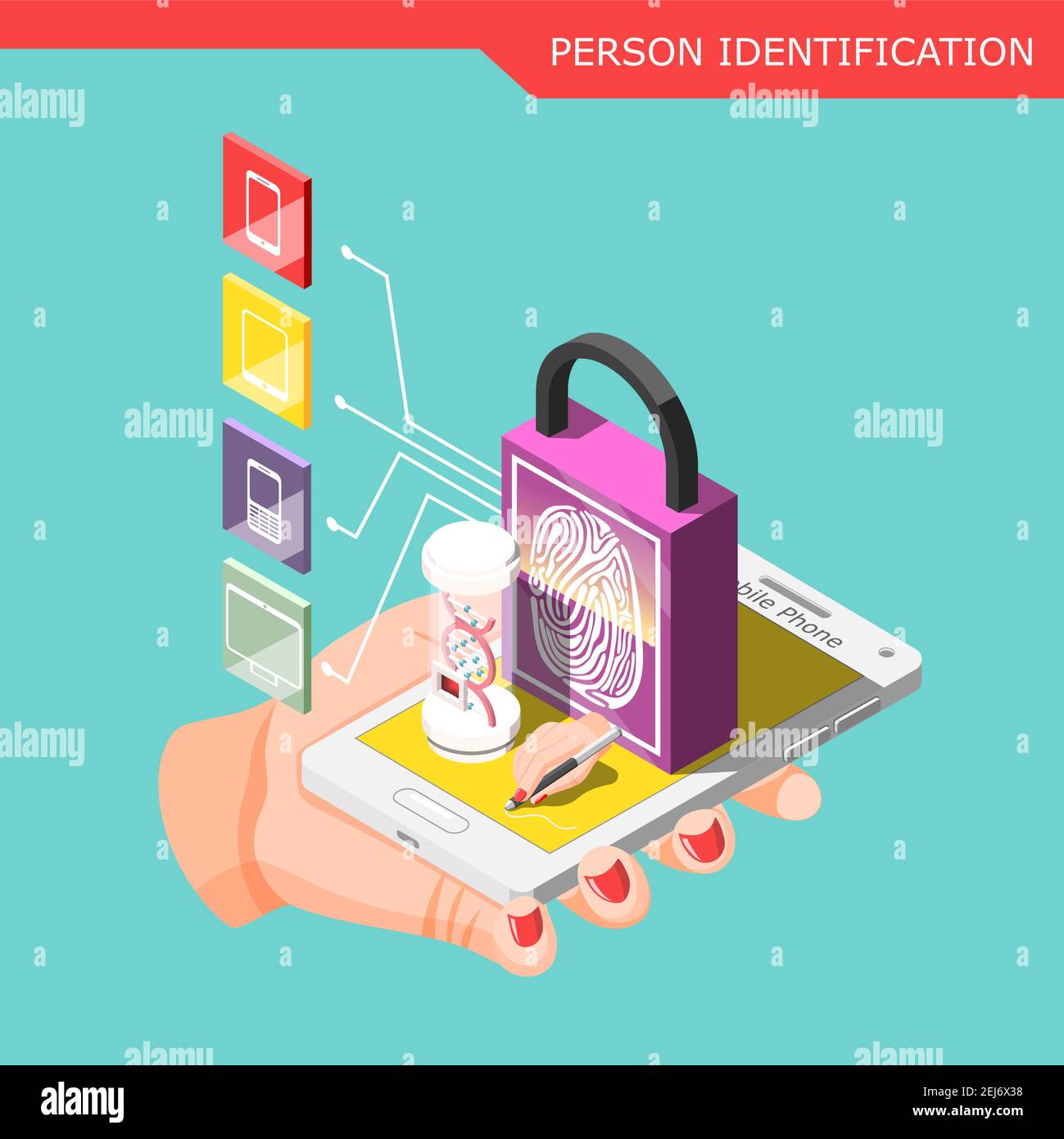 Biometric ID isometric composition with human hand holding smartphone protected by password with ...