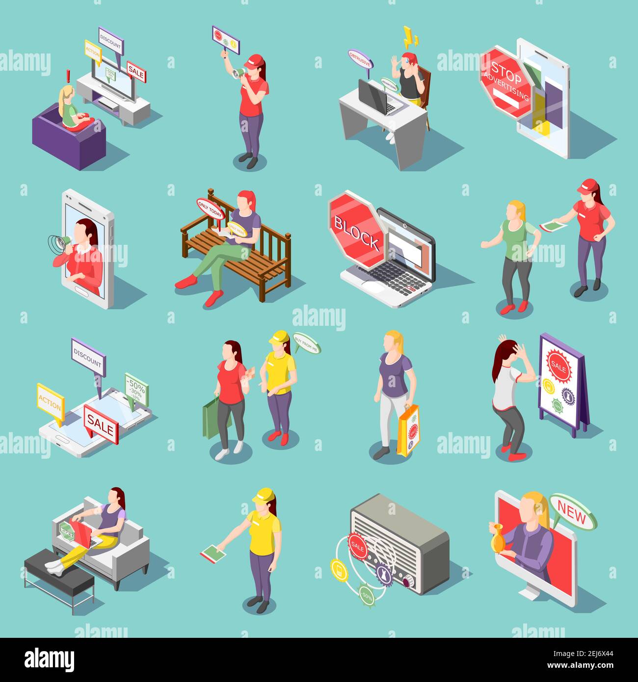 Annoying advertisement on tv, radio, in internet set of isometric icons ...
