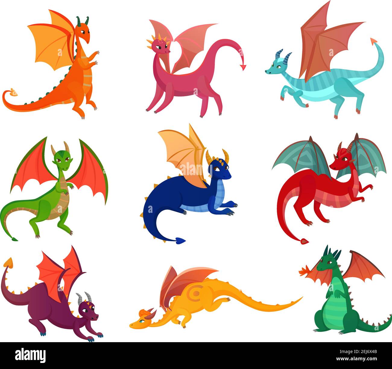 Fairy dragons set of flat isolated images of colourful wyverns with ...